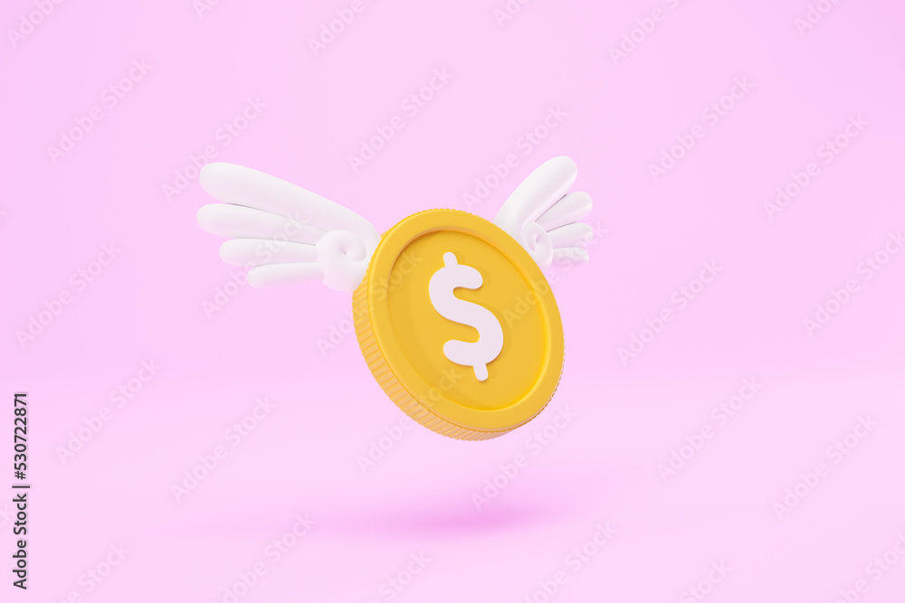 3D Rendering Concept coin symbols icon. The winged coins are flying ...