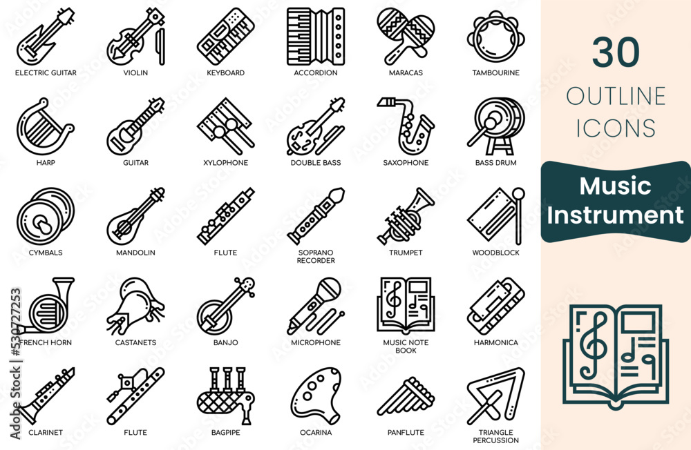 Music Instrument icon set. Thin outline icons pack. Vector illustration ...