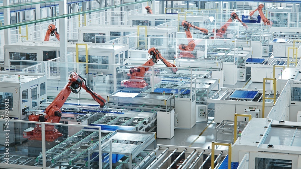 Large Production Line with Industrial Robot Arms at Modern Bright ...