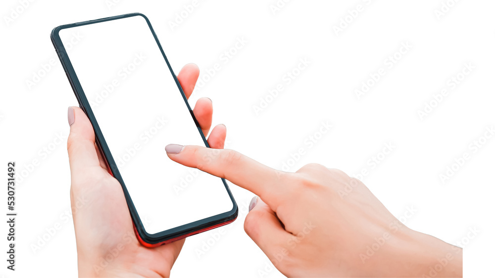 Woman hand holding smartphone on left hand and index finger on touch ...