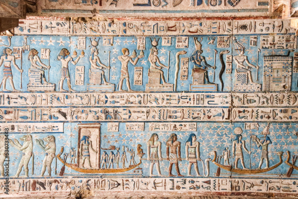 ancient egyptian ceiling with hieroglyphs, Dendera, Egypt Stock Photo ...