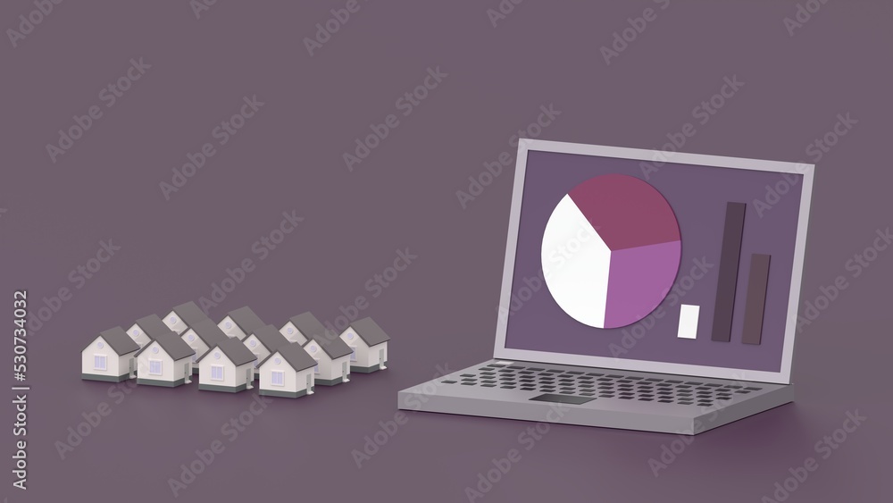 Laptop with chart and diagram on a grey background and small houses ...