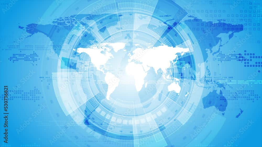 Bright blue technology futuristic background with HUD gear elements and world map. Seamless ...