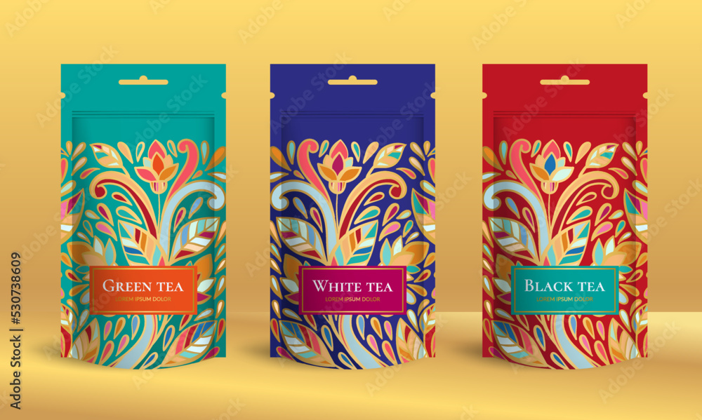 Tea packaging design with zip pouch bag mockup. Vector ornament ...