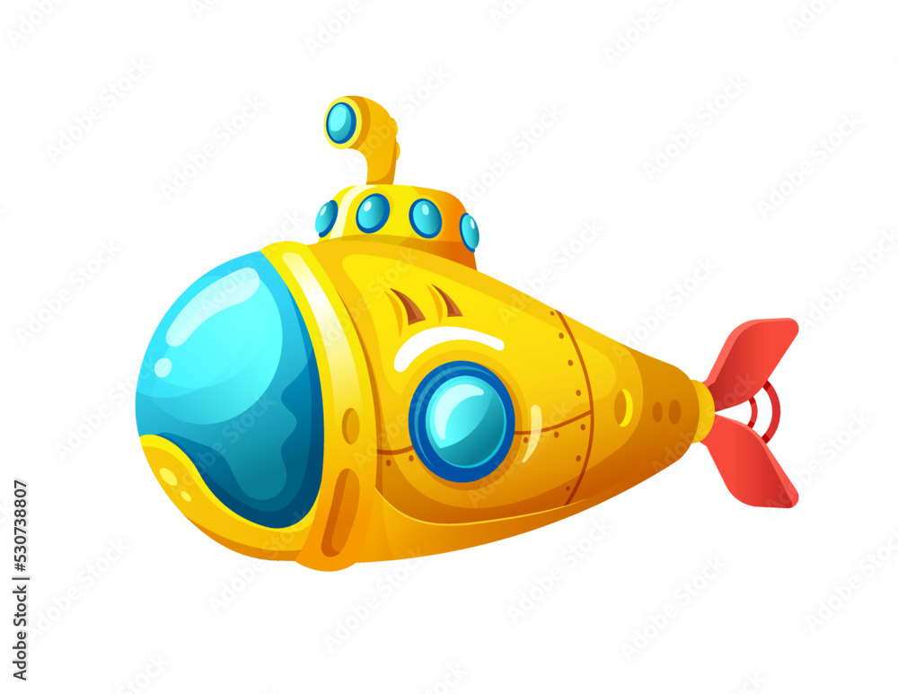 Cartoon underwater submarine or bathyscaphe, vector undersea yellow ...