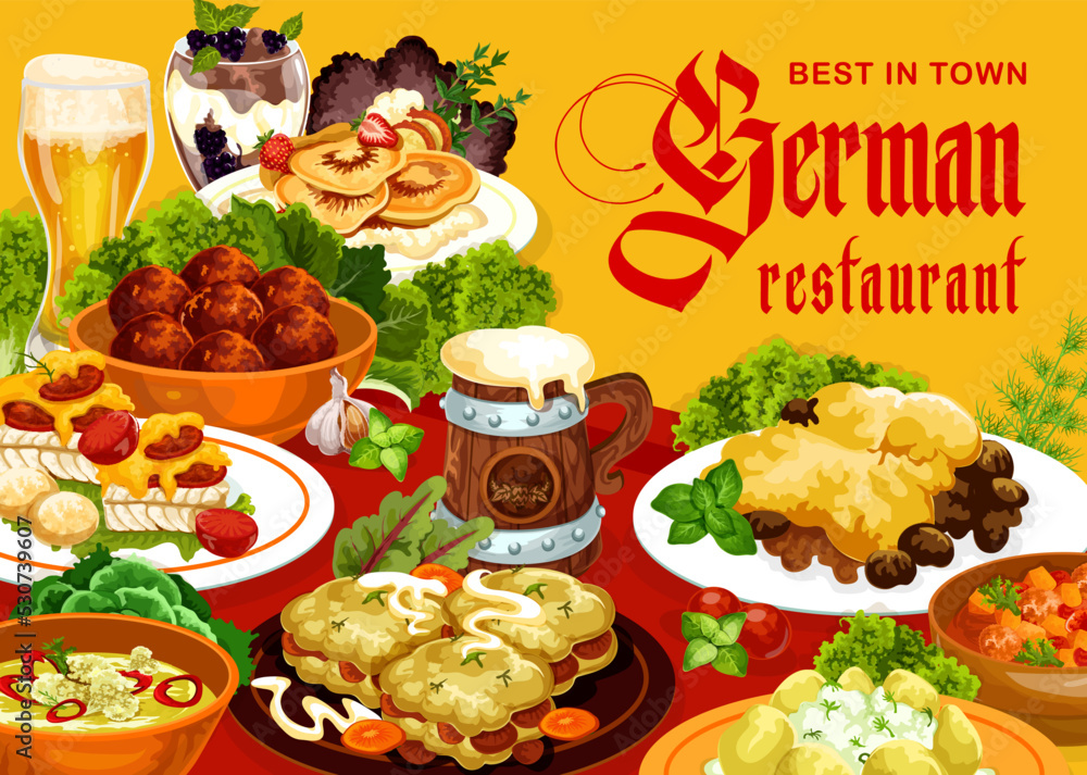German cuisine restaurant menu cover, traditional food dishes and meals ...