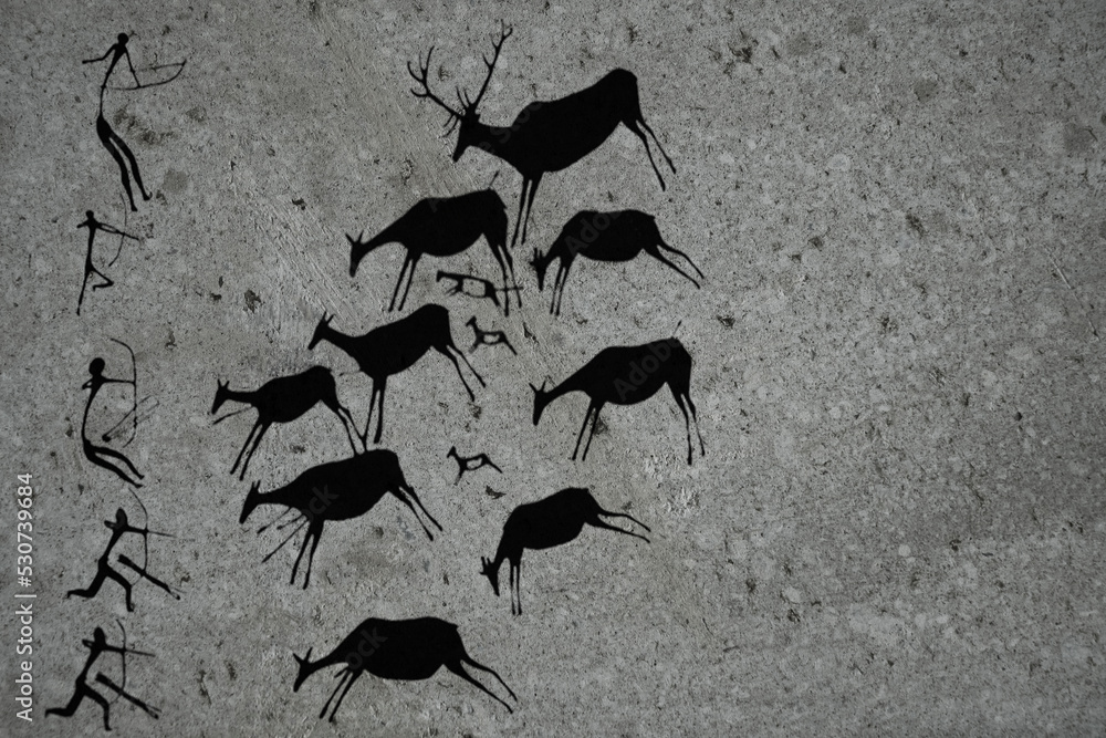 Cave art pattern made of ancient wild animals, hunters. Rock paintings ...