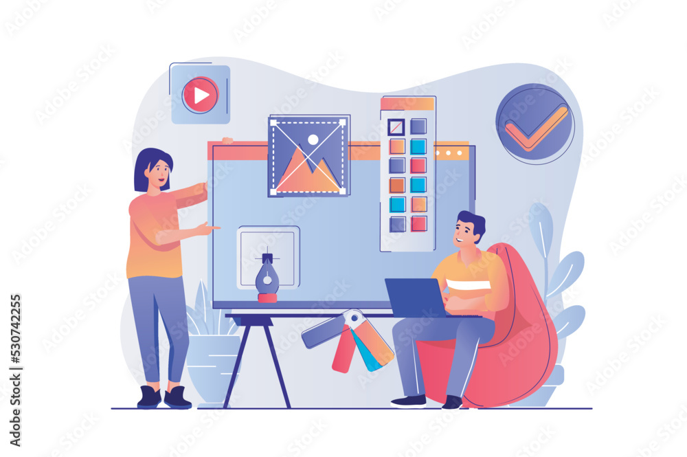 Design studio concept with people scene. Woman and man drawing elements ...