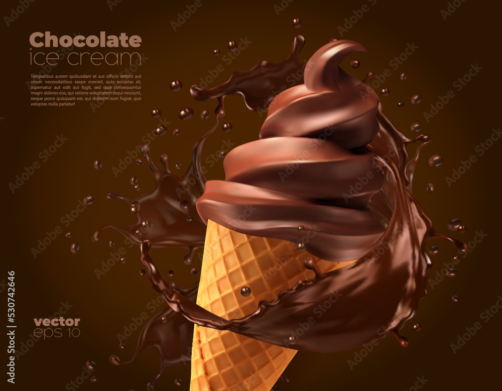 Chocolate ice cream dessert cone with splash, vector realistic ad with ...