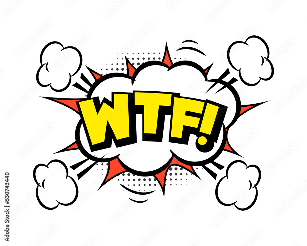 Wtf comic word speech bubble icon with cloud, stars, rays and halftone ...