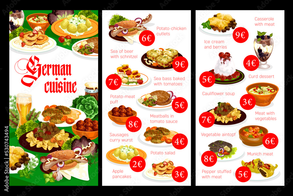 German food menu, cuisine dishes and restaurant meals, vector lunch and ...