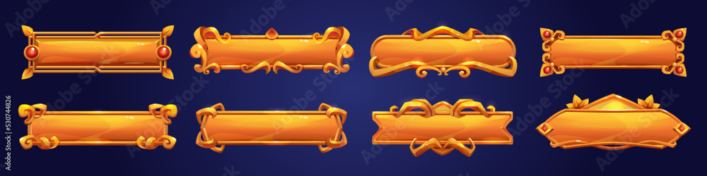 Golden game frames, medieval banners, buttons, ui menu elements ...
