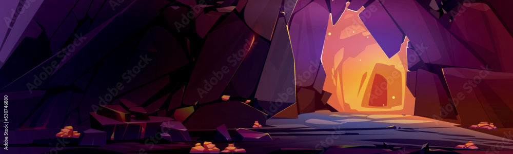 Copper ore mine tunnel inside view, cave entrance with shiny yellow ...