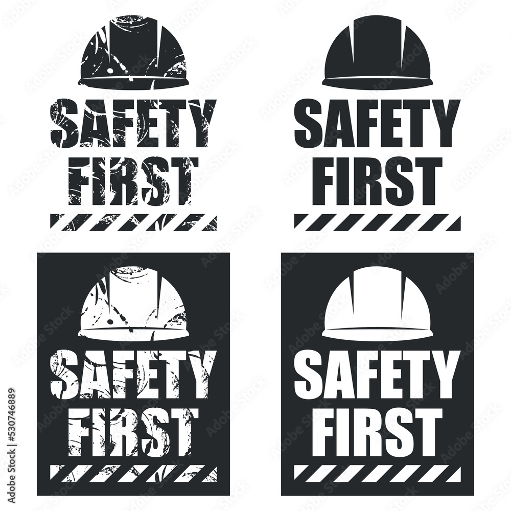 Safety first sticker and seals with distressed vintage style helmet ...