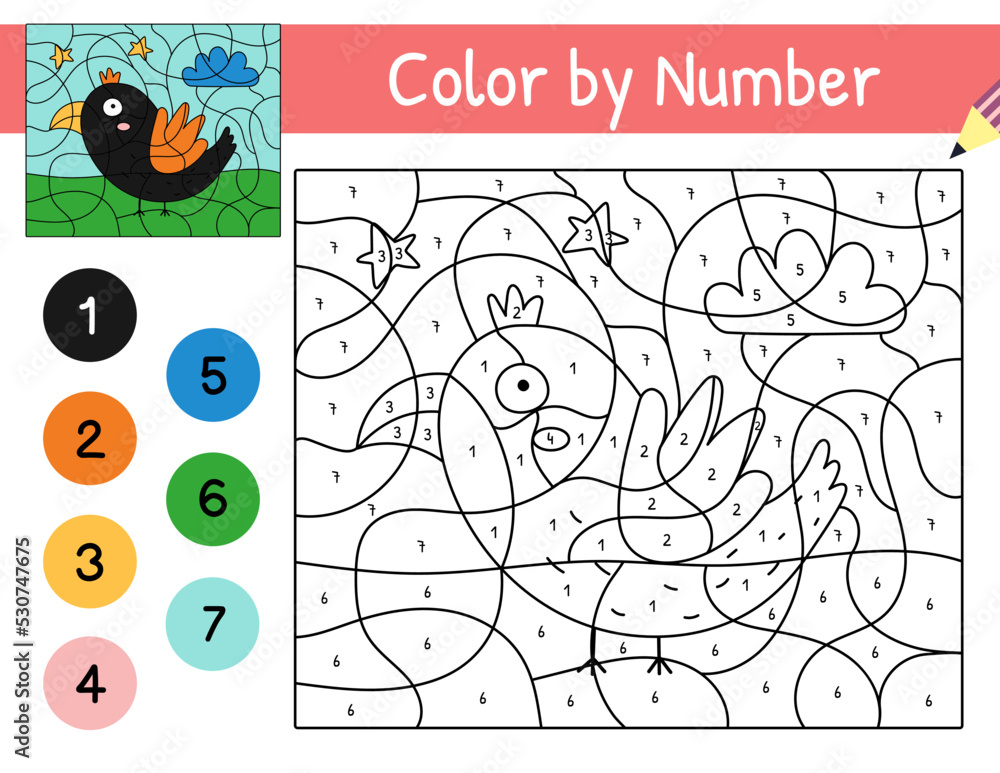 Cute bird color by number game for kids. Coloring page with funny crow ...