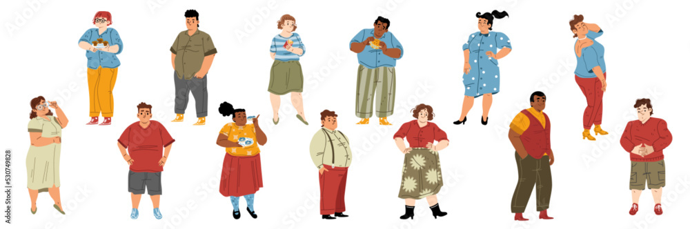 Body positive fat people with unhealthy food isolated on white ...