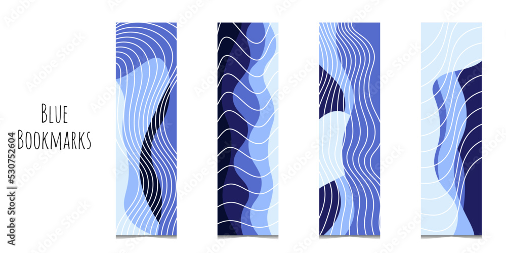 Set of 4 bookmarks templates in blue color pallete. Abstract waves and ...