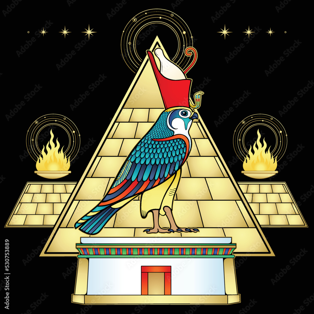 Animation drawing: sacred Egyptian Falcon bird in crown. God Horus ...