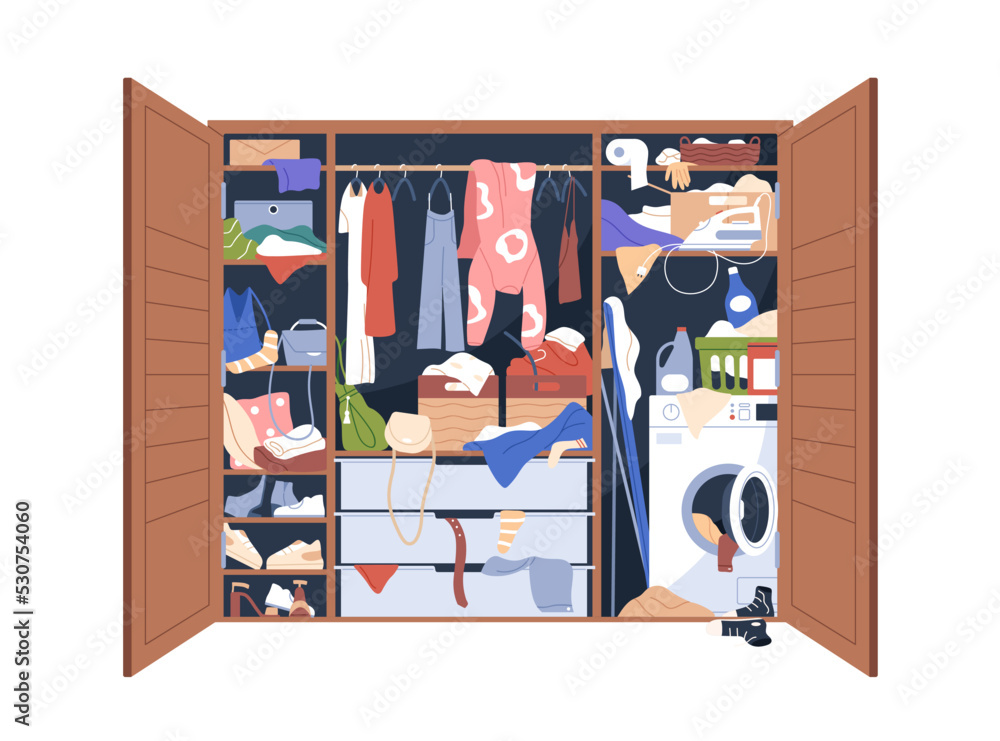 Messy wardrobe with clutter, untidy scattered clothes piles, chaos ...