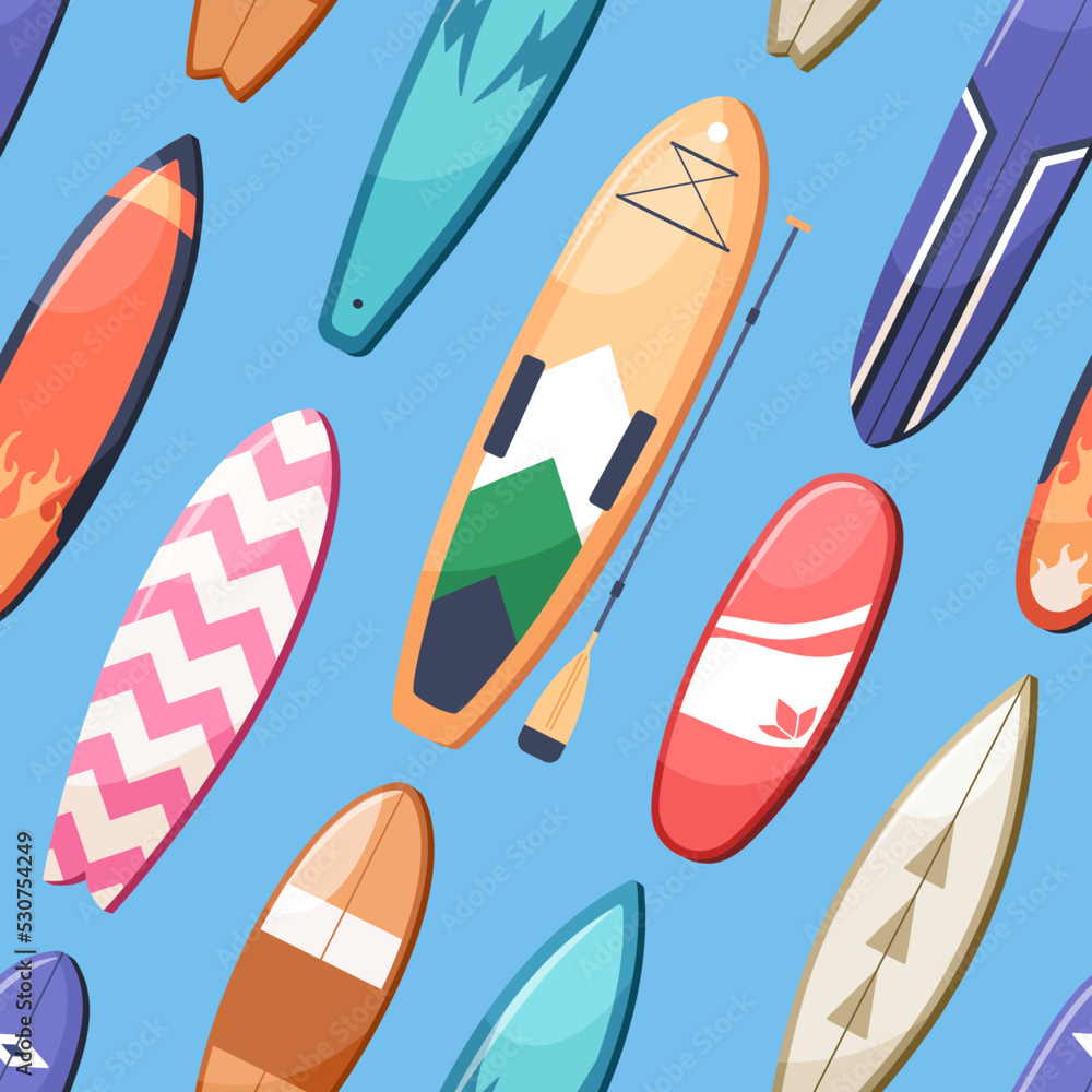 Seamless summer sport pattern with different water boards, surfboard ...