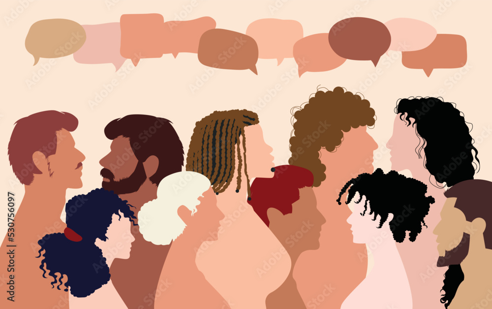 The speech bubble shows a group of multi-ethnic and multicultural ...