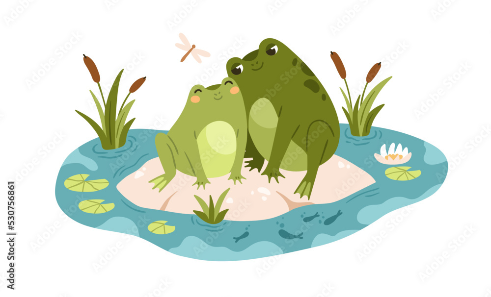 Cute happy frogs sitting in pond together. Love couple of smiling ...