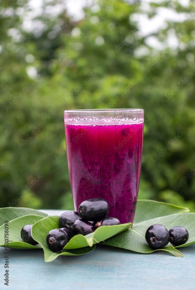 Closeup of Jamun or Black Plum Juice in a Glass with Fruit and Leaves ...