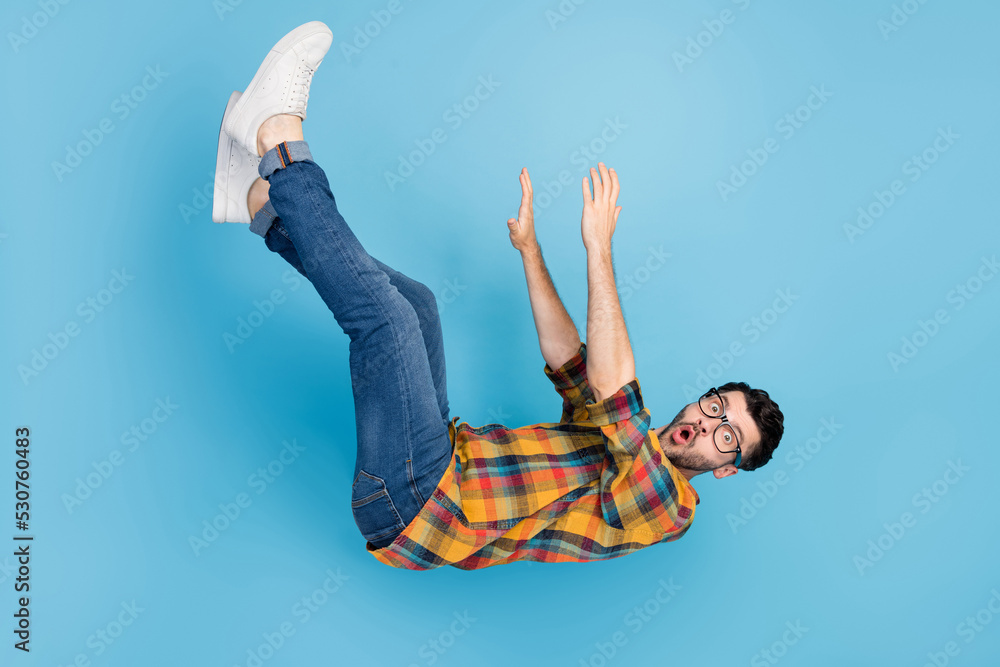 Full body profile photo of impressed terrified person falling open ...