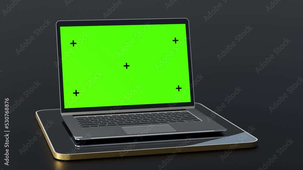 Metallic Laptop Mock-Up on stand and golden border placed on black ...