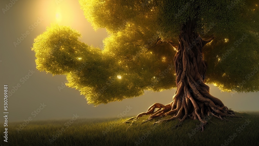 Big old fairy tree, the trunk of a centuries-old tree of twining roots ...