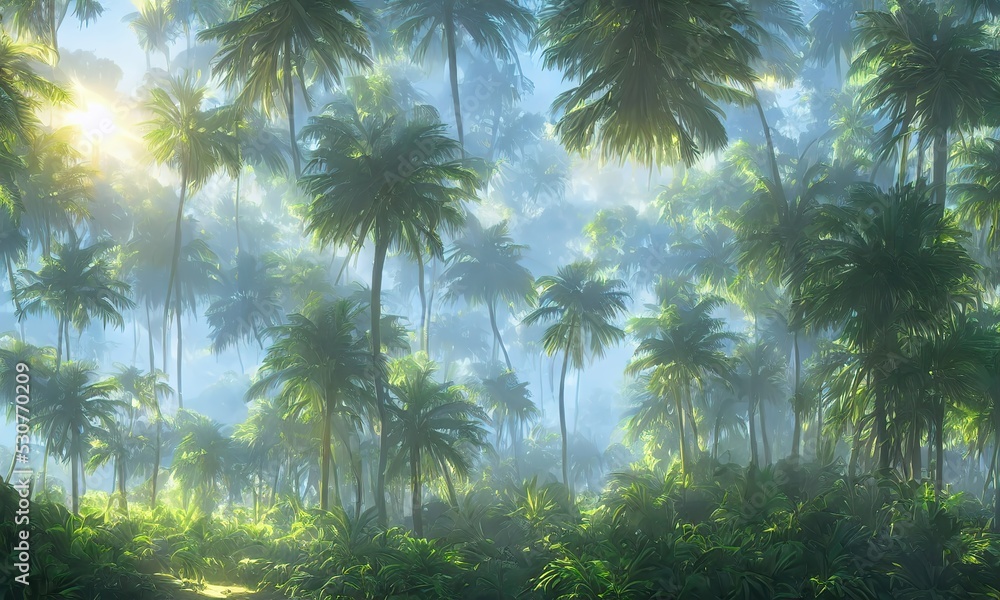 Beautiful magical palm, fabulous trees. Palm Forest jungle landscape ...