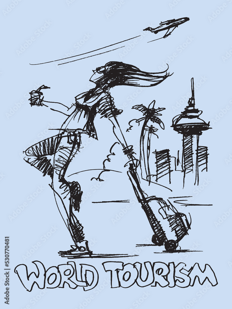 World Tourism Day. Woman tourist with a suitcase goes to the airport ...