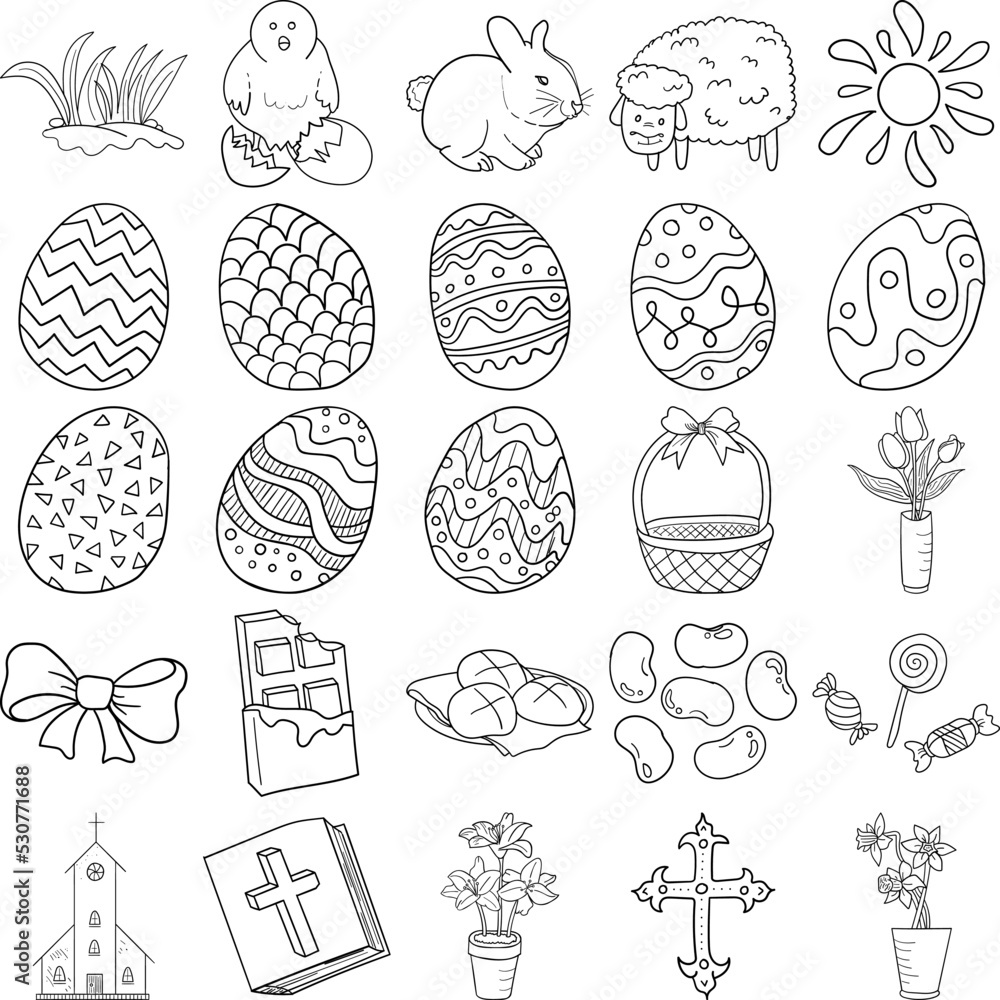 Easter Hand Drawn Doodle Line Art Outline Set Containing Easter eggs ...