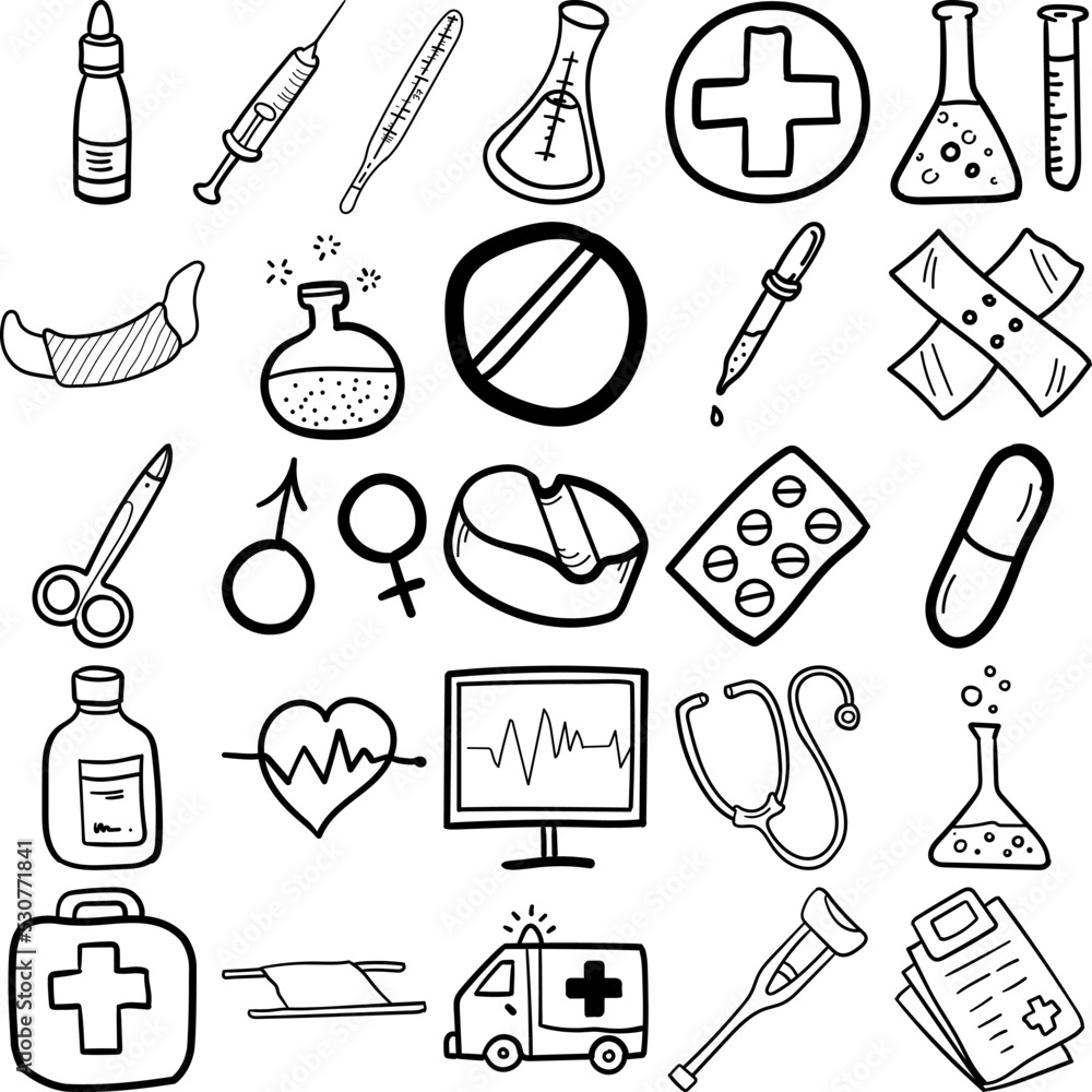 Medicine Hand Drawn Doodle Line Art Outline Set Containing Medicine ...