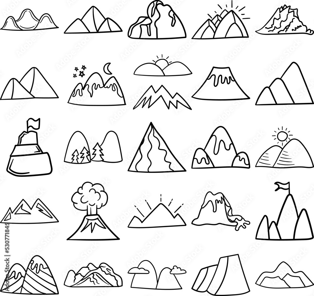 Mountains Hand Drawn Doodle Line Art Outline Set Containing mountain ...