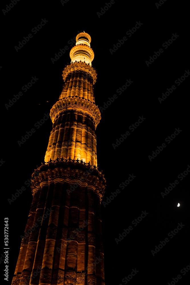 Qutub minar at night with lights Stock Photo | Adobe Stock