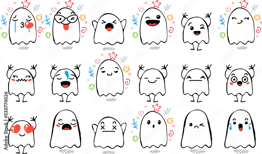 Set of Various Cartoon Ghosts with Emoticons. Doodle ghouls, eyes and ...