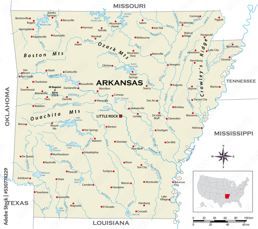 Highly detailed physical map of the US state of Arkansas Stock Vector ...