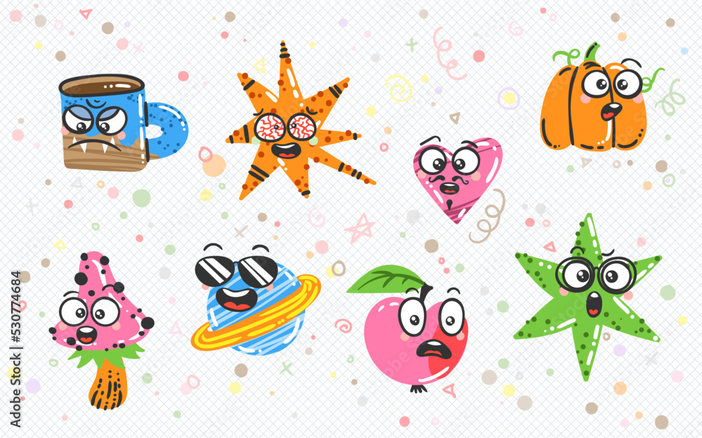 Set of Various Cartoon Elements with Emoticons. Doodle faces, eyes and ...