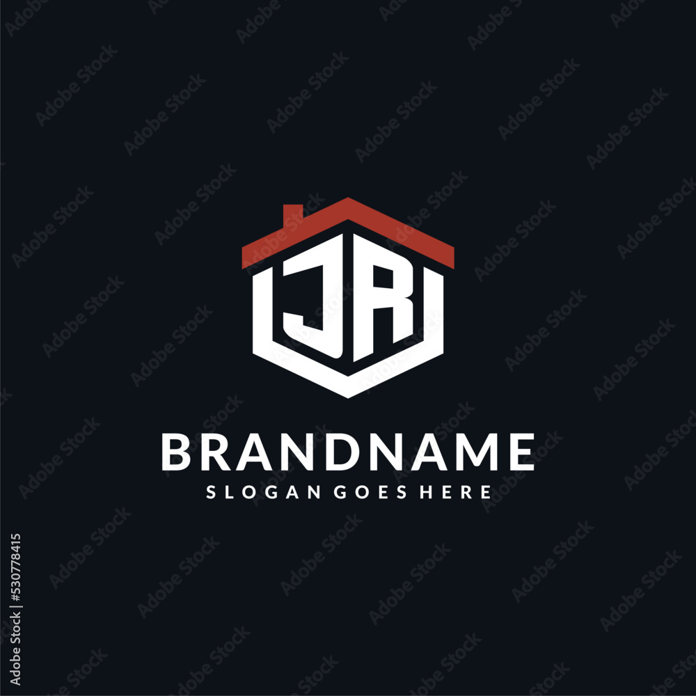 Initial letter JR logo with home roof hexagon shape design ideas Stock ...