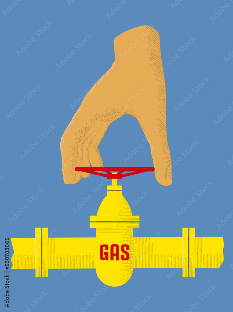 Gate valve of a gas pipe and hand that closes it, symbolic vector ...