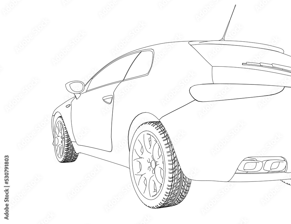 The contour of the back of the car from black lines isolated on a white ...