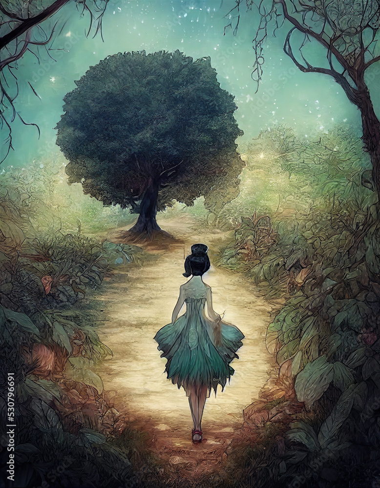 cartoon fairytale illustration of a beautiful woman in front of a magic ...