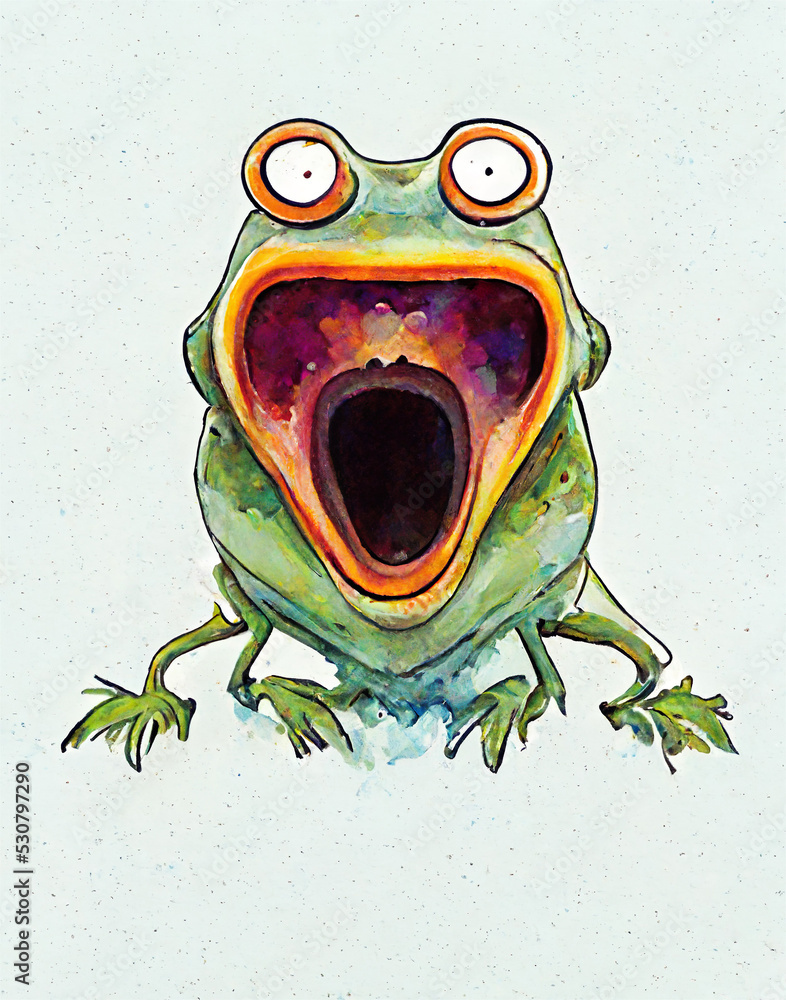 cartoon watercolor frog screaming illustration, white background Stock ...