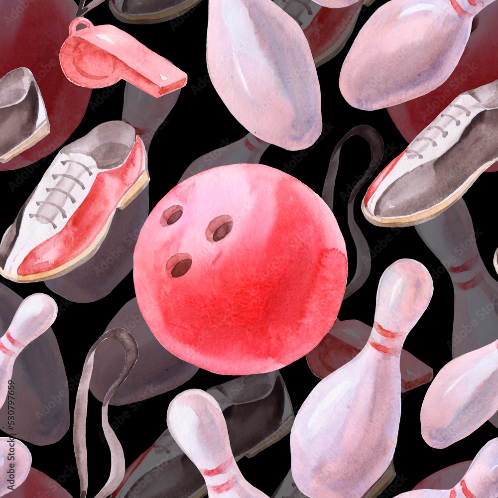 Watercolor bowling seamless pattern. Bowling ball, bowling pins ...