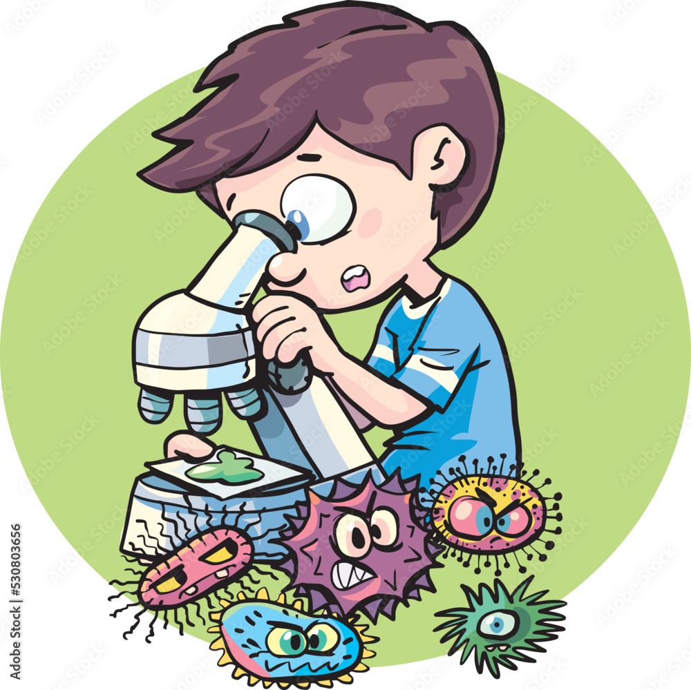 boy looks through the microscope and sees microorganisms and bacteria ...