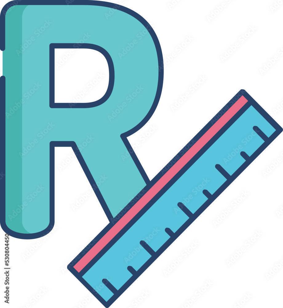 Letter R with a ruler isolated on a vertical white background. Stock ...