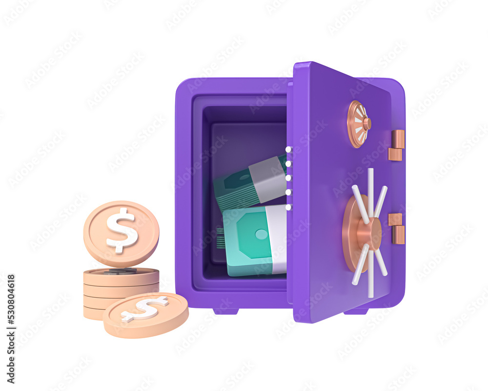 Money locker 3D icon. Money security vault 3D symbol. Cash and coin ...