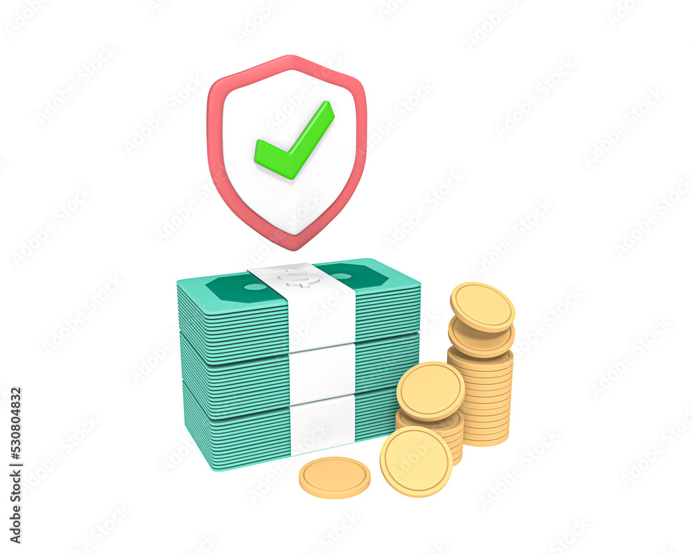 Cash and coin shield security 3d icon. Gold coin money 3D symbol ...
