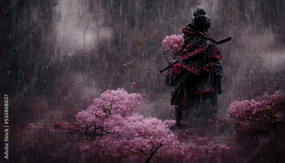 Raster illustration of samurai standing in the rain and surrounded by ...